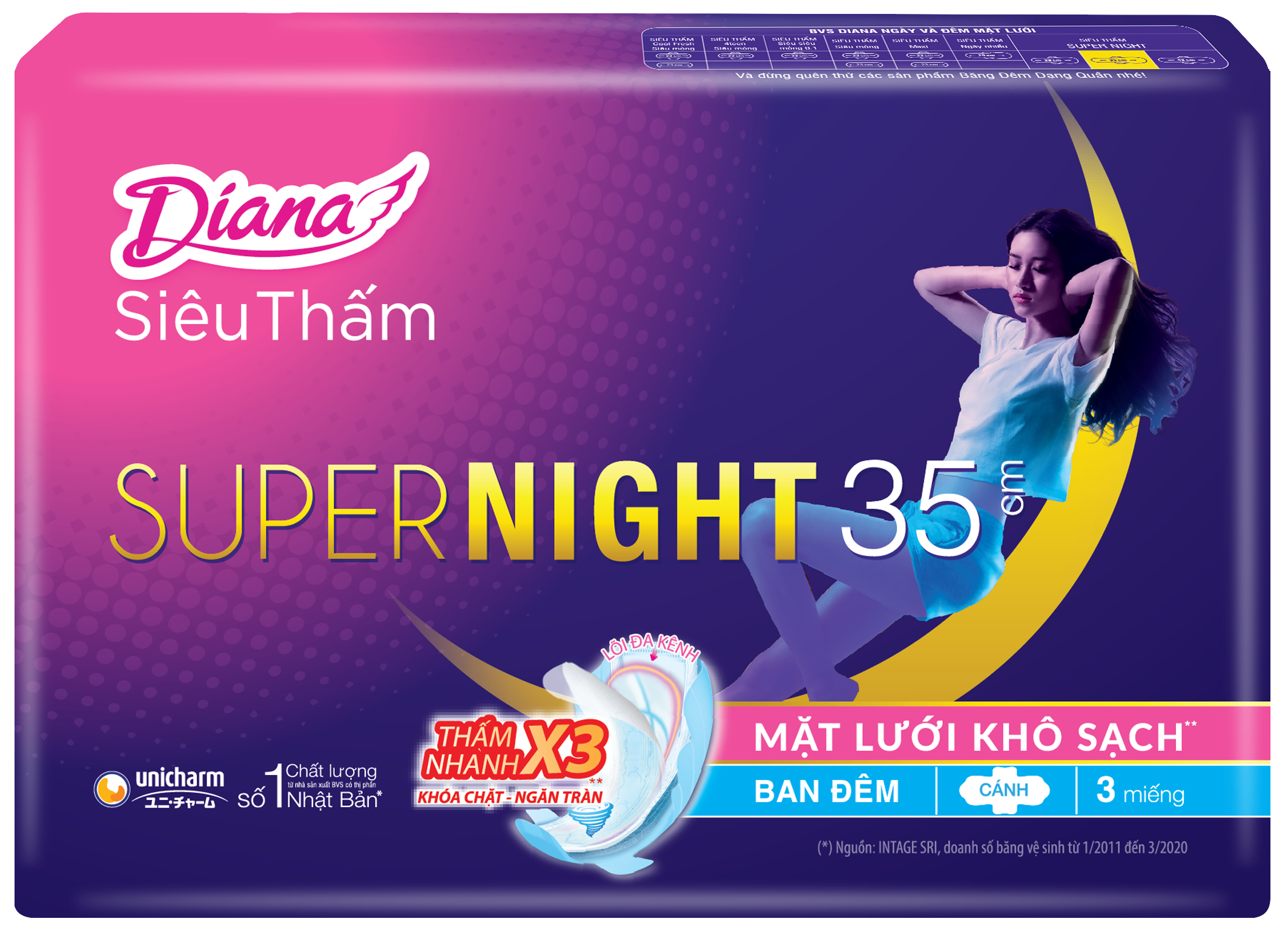 Băng vệ sinh ban đêm cánh Diana Super Night 3 miếng 35cm